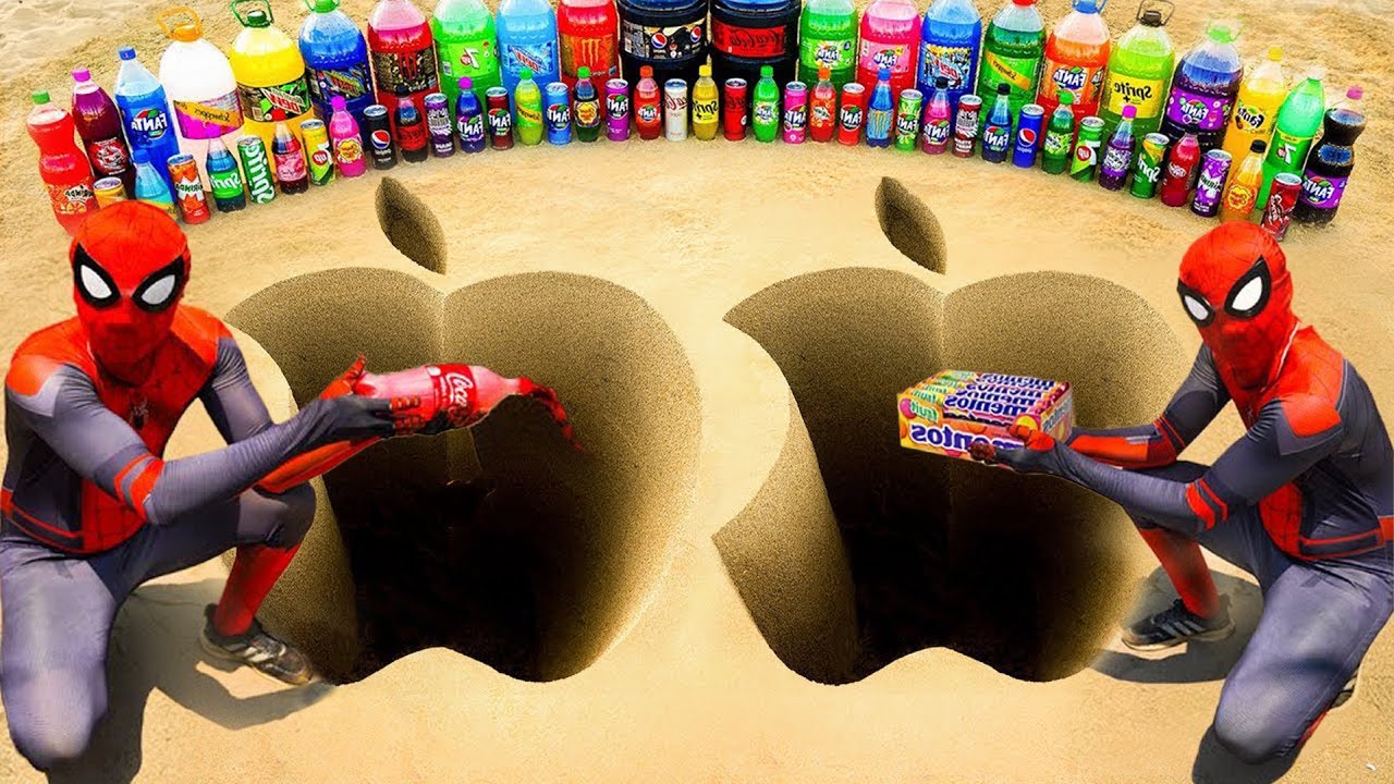 Spiderman & Big Toothpaste vs Giant Mirinda, Fanta, Coca Cola Mentos Explosion from Two Apple ...