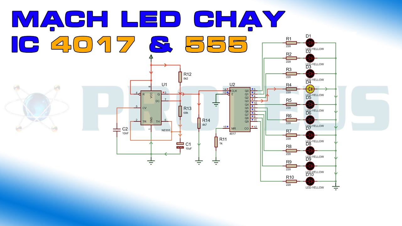 Mạch LED chạy dùng IC 4017 và 555 - Mô phỏng mạch điện trên Proteus ...