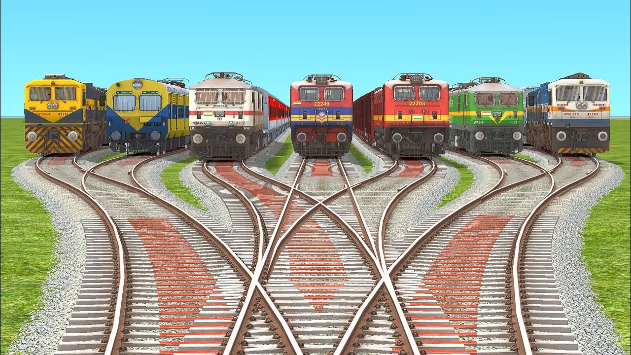 7 TRAIN CROSSING ON CROSSING ON M CUT CURVED RAILROAD | Electric Train ...
