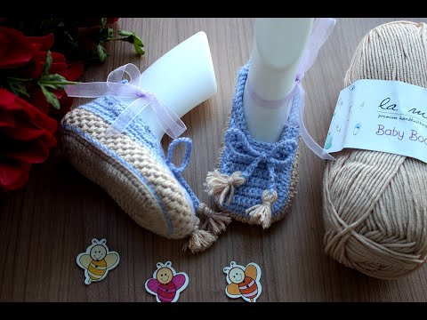 Hasır modelli ve püskül süslemeli bebek patiği // Kolay bebek patikleri