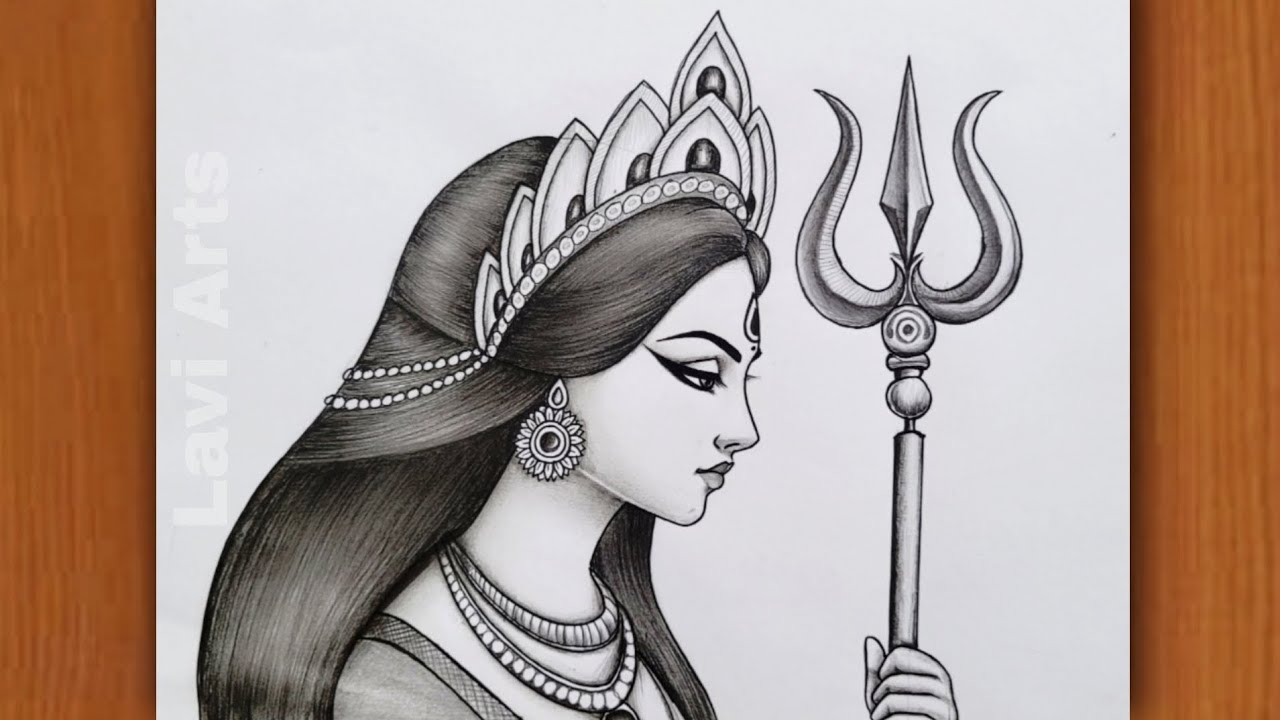 How to Draw Maa Durga with Trishul- Pencil Chitra |Navratri drawing ...