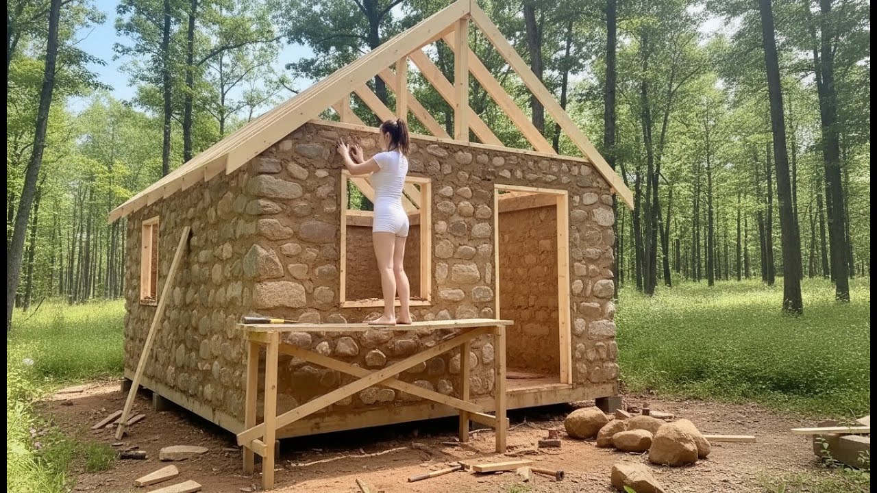 Girl Building Cabin in the Forest By Herself by Combining Mud and Stone ...