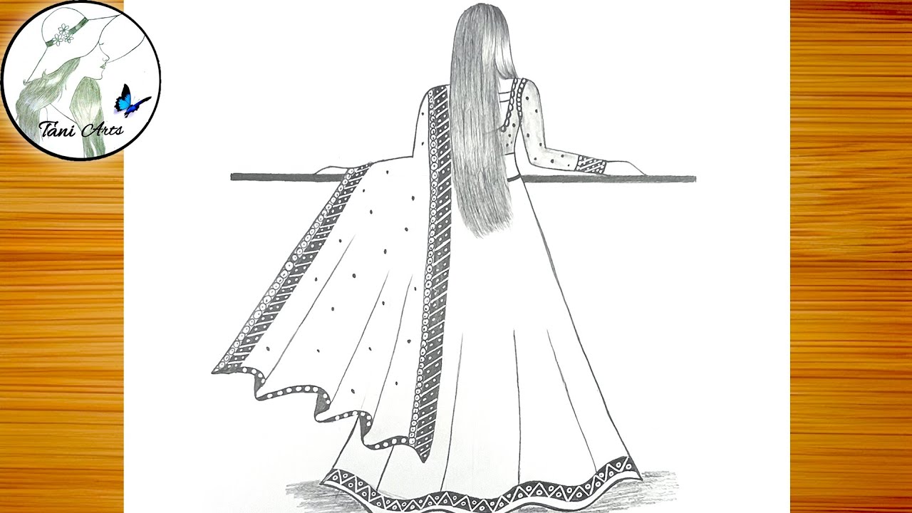 how to draw a girl backside with beautiful dress easy|back side girl in ...