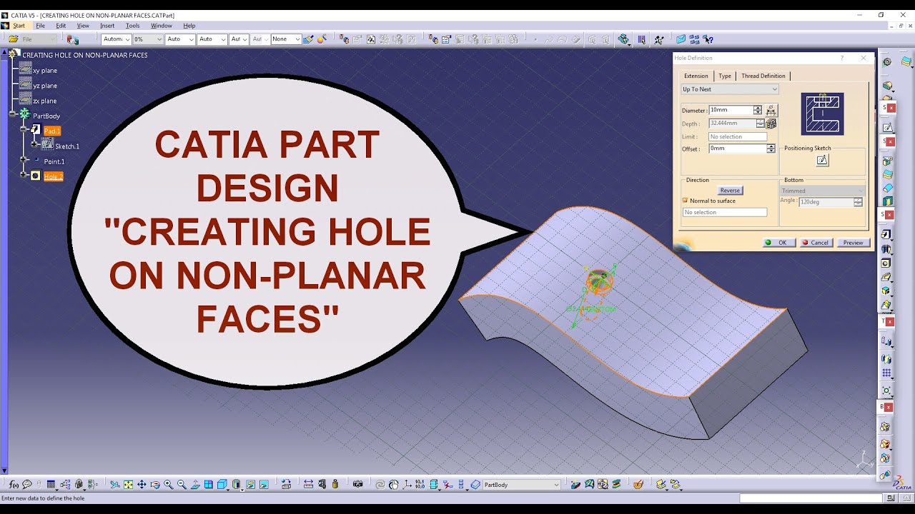 CATIA PART DESIGN/ CREATING HOLE ON NON-PLANAR FACE - YouTube