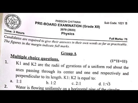 Latest Physics Question,Class 12 from PABSON,Chitwan...Pre-Board Exam ...