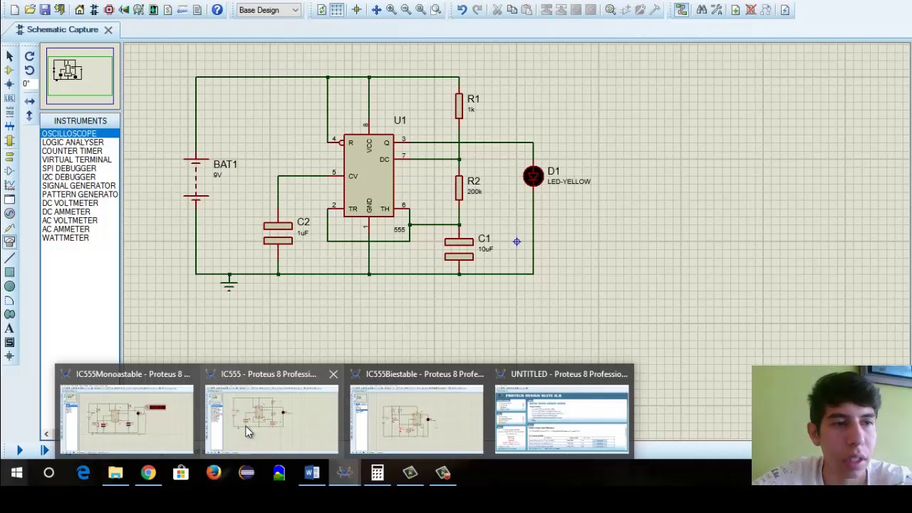 Simulación proteus - Timer 555 (astable, monoestable, biastabe) - YouTube