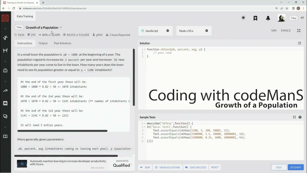 Codewars 7 kyu Growth of a Population JavaScript - YouTube