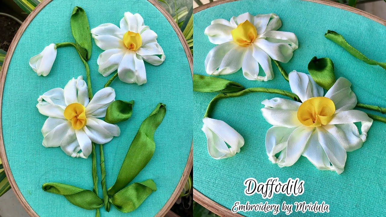 Daffodil flower ribbon embroidery using lazy Daisy stitch | hand ...
