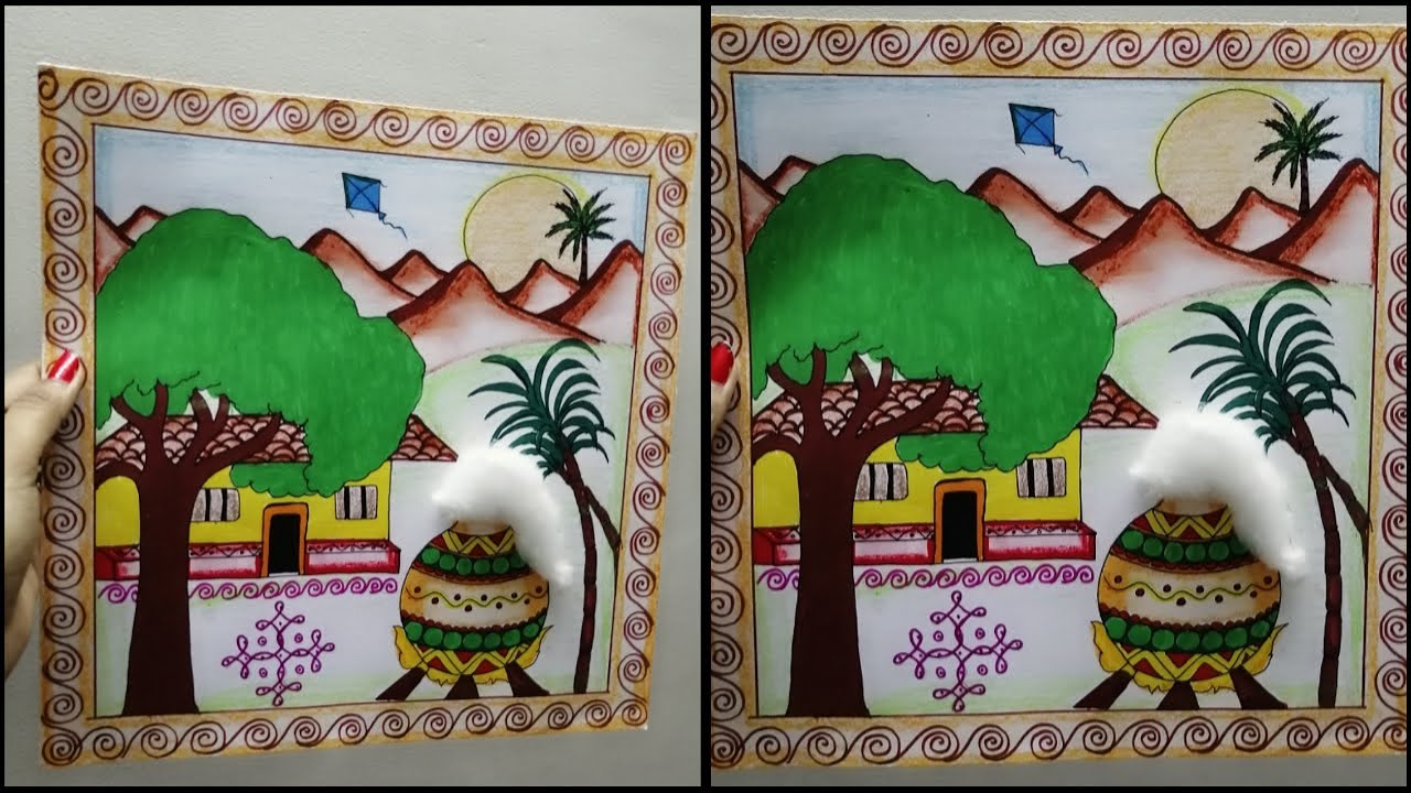 Pongal Festival Drawing | How To Draw Sankranthi Festival Greeting ...