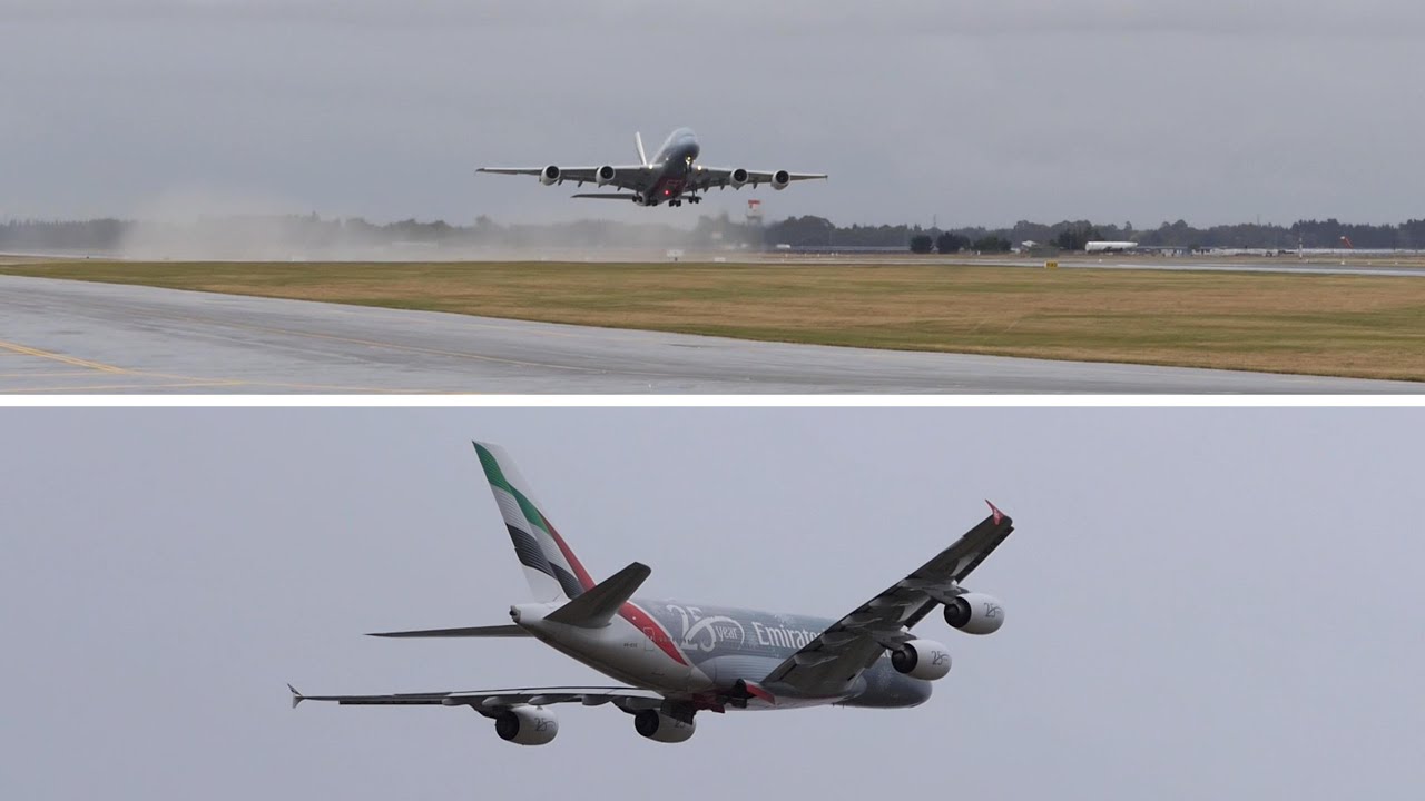 Emirates A380 impressive water spray departure from Christchurch ...