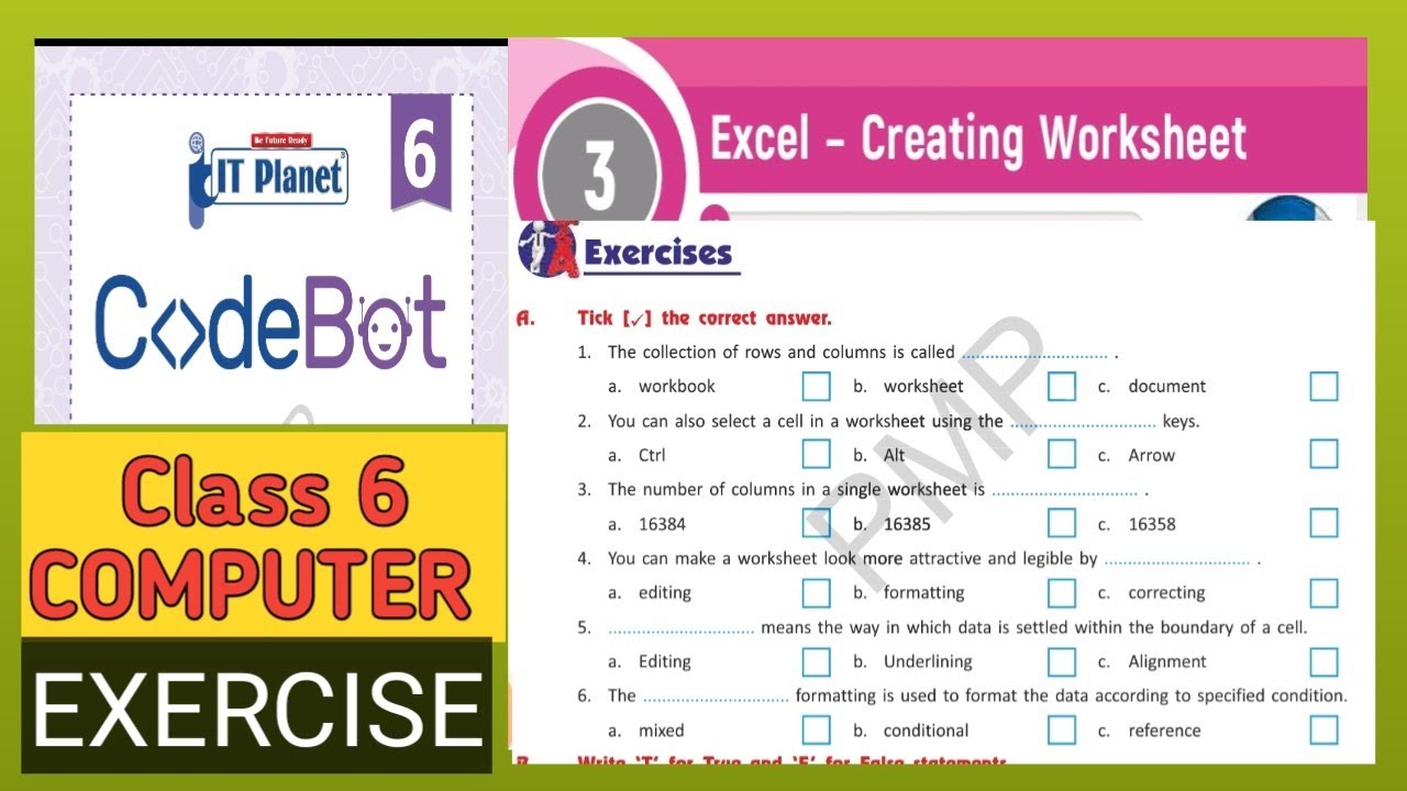 Exercises Excel Creating Worksheet Chapter 3 Class 6 Computer Codebot Aps Youtube