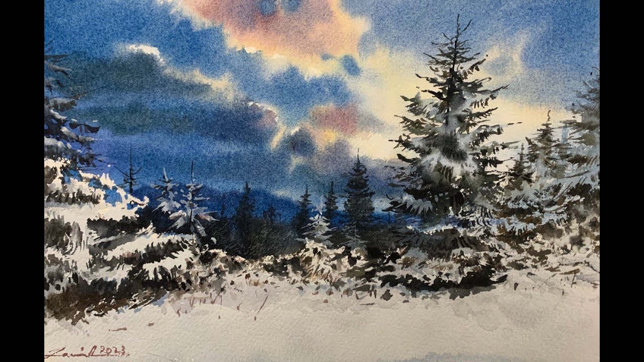 Watercolor painting tutorial - Winter scene - YouTube