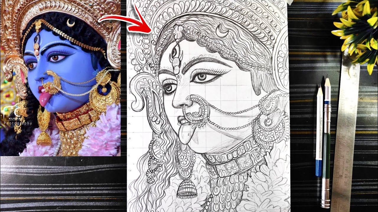 Maa kali Drawing Outline, How To Draw Kali Mata Face, Diwali Drawing ...