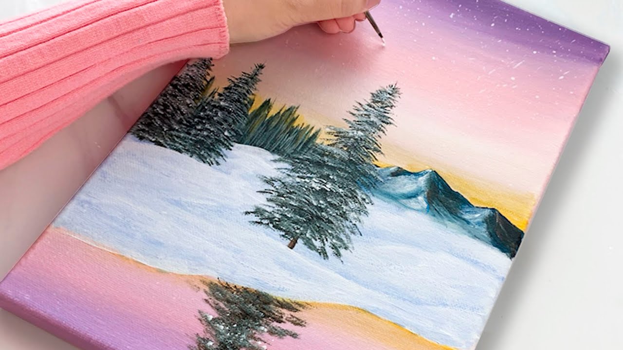 Easy Winter Night Acrylic Painting Tutorial / How to paint pine trees ...