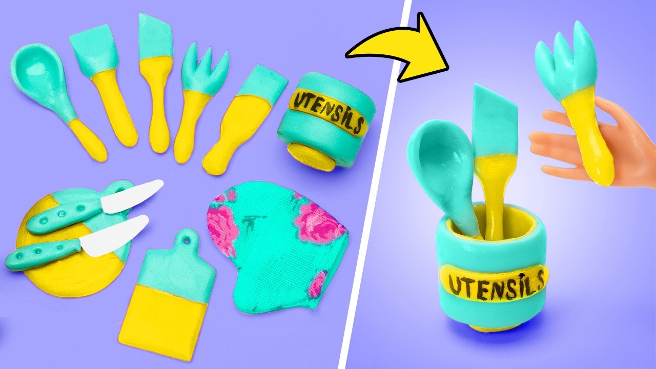 DIY Kitchen Utensils for Dolls 🍴 Miniature Doll Crafts - YouTube