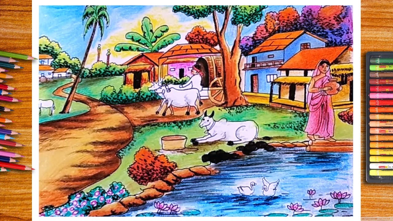 Village Scenery Drawing | Beautiful Village drawing With Oil Pastel ...