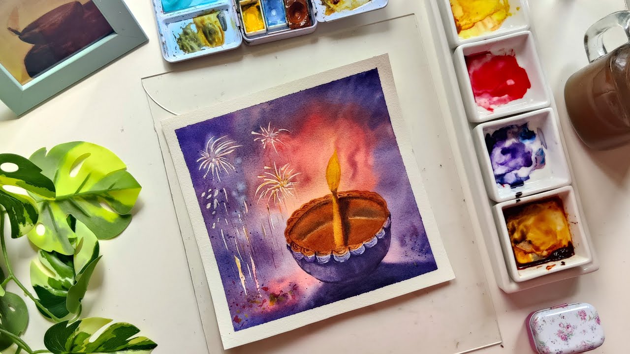 Watercolor Painting of Diya on Diwali | Wet on Wet Technique - YouTube
