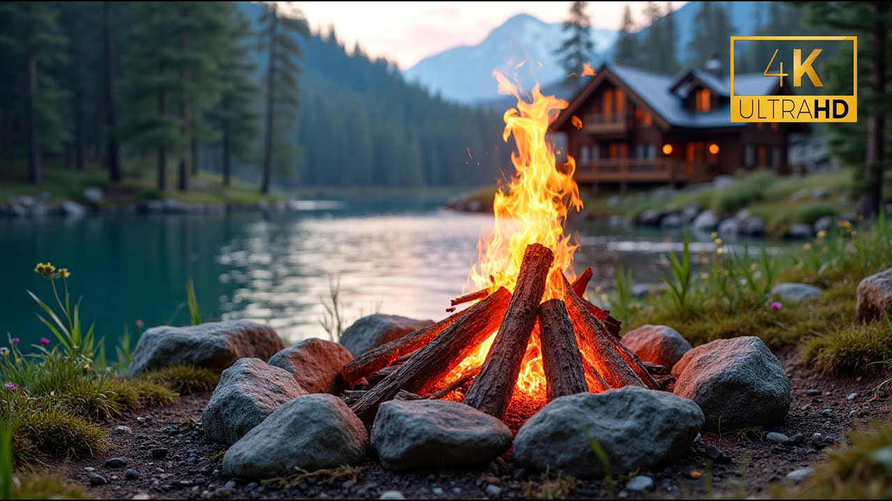 Cozy Campfire in 4K: Spring Lakeshore Vibes - Soothing Fire Crackling ...