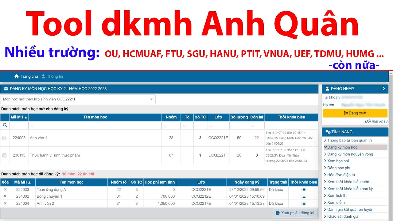 💥Tool đăng ký môn học Anh Quân - Các trường như: OU, HCMUAF, FTU, SGU ...