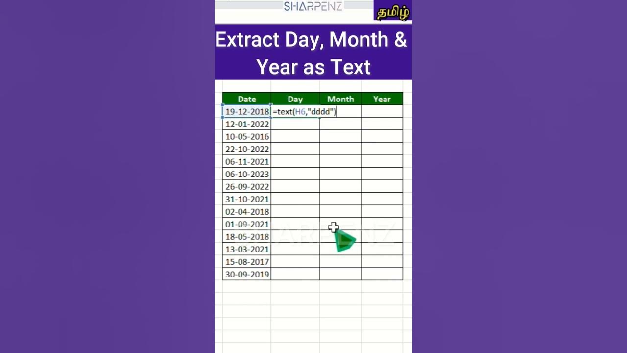 Easily extract Day Month Year from date as Text #tamil #exceltips #excel #shorts @Sharpenzo ...