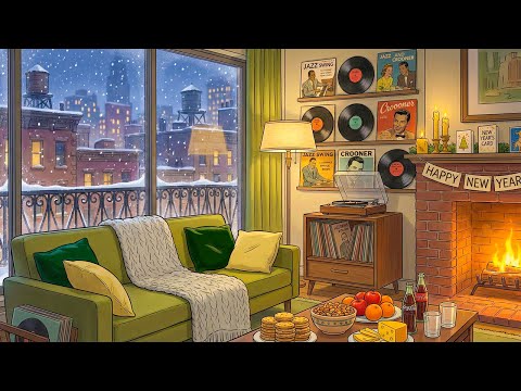 a cozy snowy New Year's Eve night celebration with 1950s vintage oldies playing in another room
