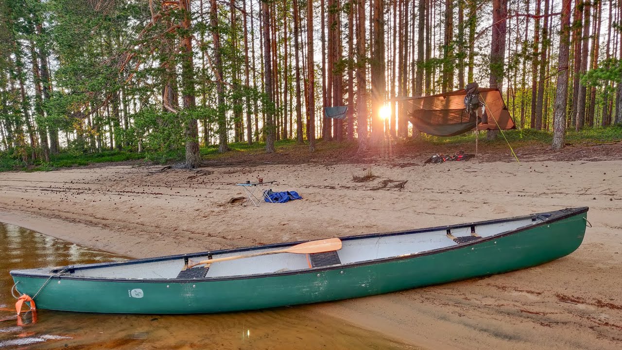 CANOE CAMPING ALONE ON AN ISLAND! Delicious Food, An Open Fire, Hammock ...