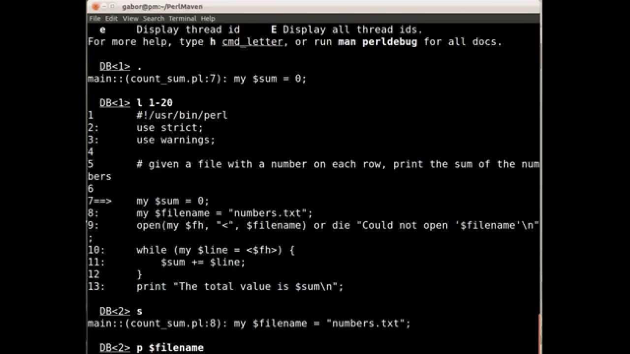 Beginner Perl Maven Tutorial 312 Debug The Sum Of Numbers Script Youtube