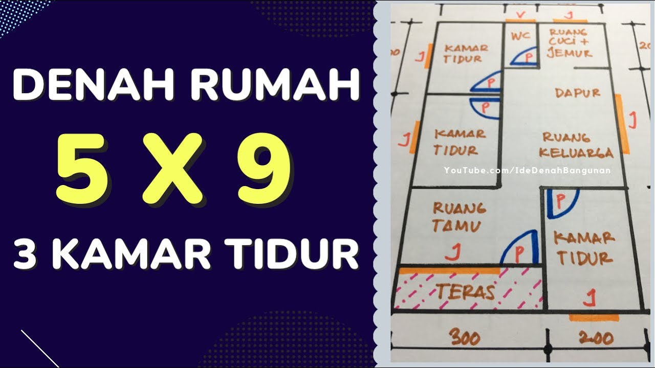 Denah Rumah 5x9 3 Kamar Tidur 1 lantai dengan Ruang Keluarga dan Dapur ...