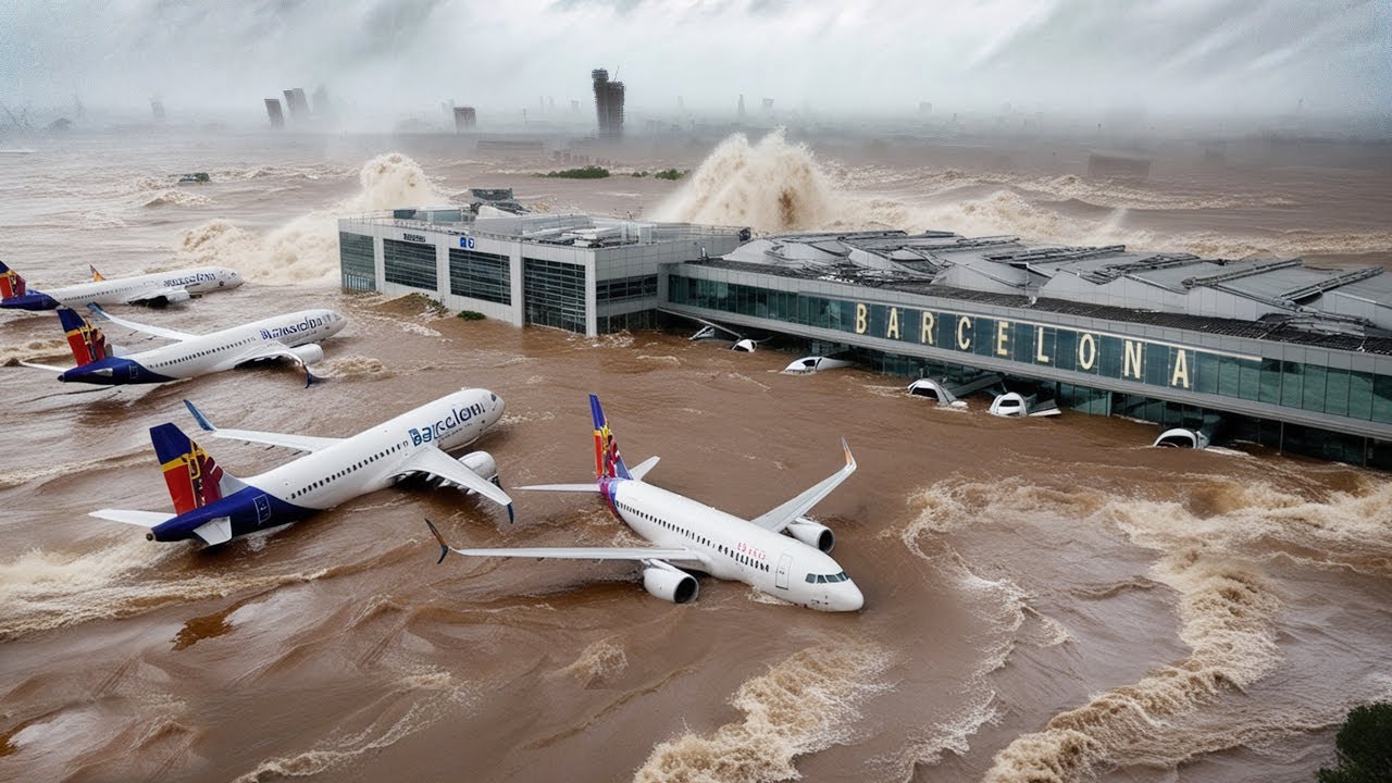 Footage of airport sinking in Barcelona! Heavy flooding submerges ...