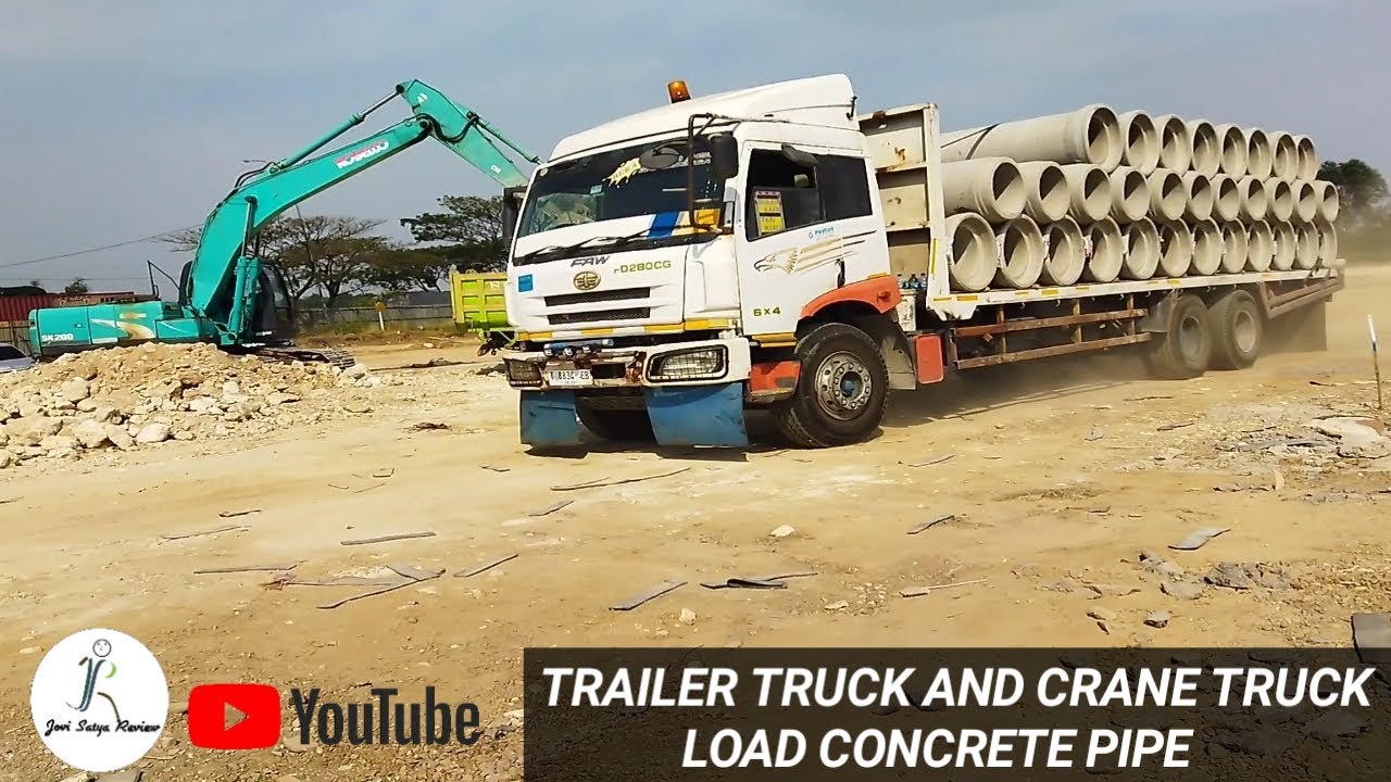 TRAILER TRUCK AND CRANE TRUCK CONCRETE PIPE LOADING ACTIVITIES - YouTube
