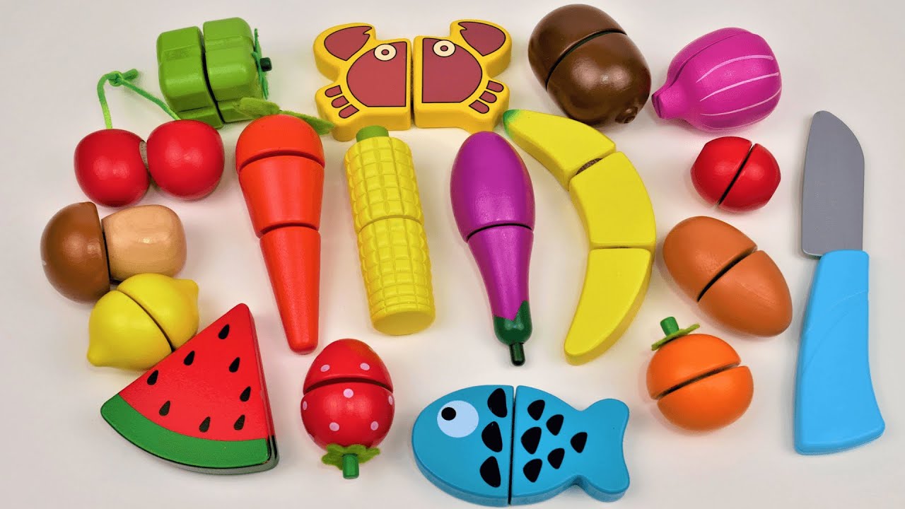 Learn Names of Fruits and Vegetables with toy wooden velcro cutting ...