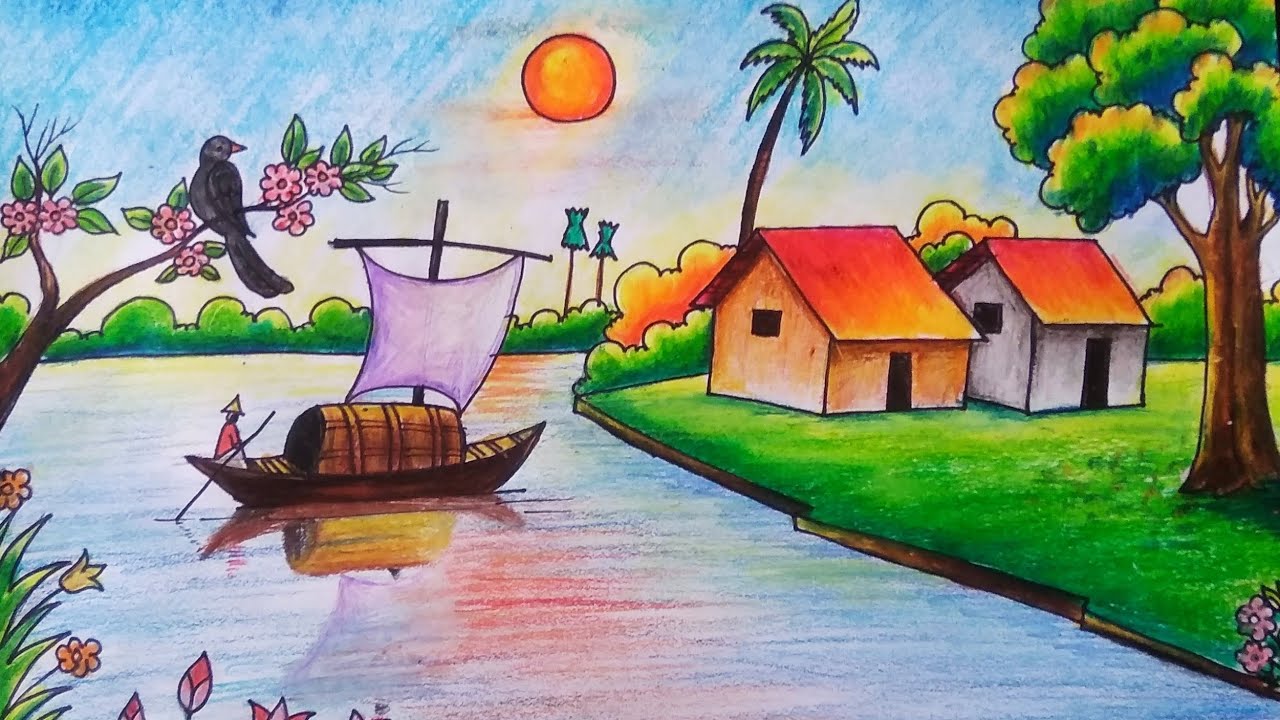 How to draw spring season scenery stap by step/ village spring scenery ...
