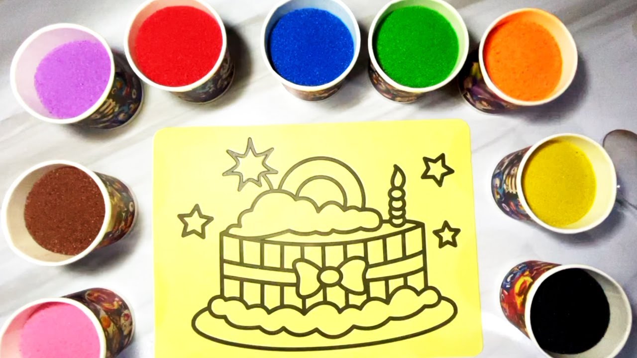 SAND PAINTING INTO PAPPER | Coloring Birthday Cake Using Colored Sand ...