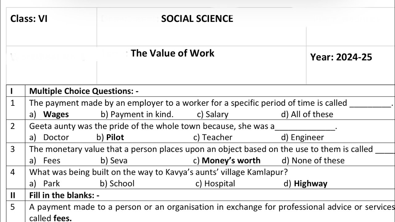 The Value of Work Class 6 ,social science chapter worksheet solution ...