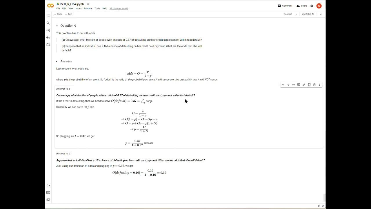 Intro to Statistical Learning (2nd Ed), Solution to Problem 4.9 | Odds and Probability - YouTube