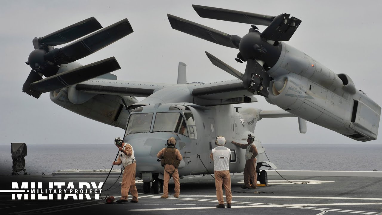 The US Marines MV-22 Osprey Take Off and Vertical Landing in Carrier ...
