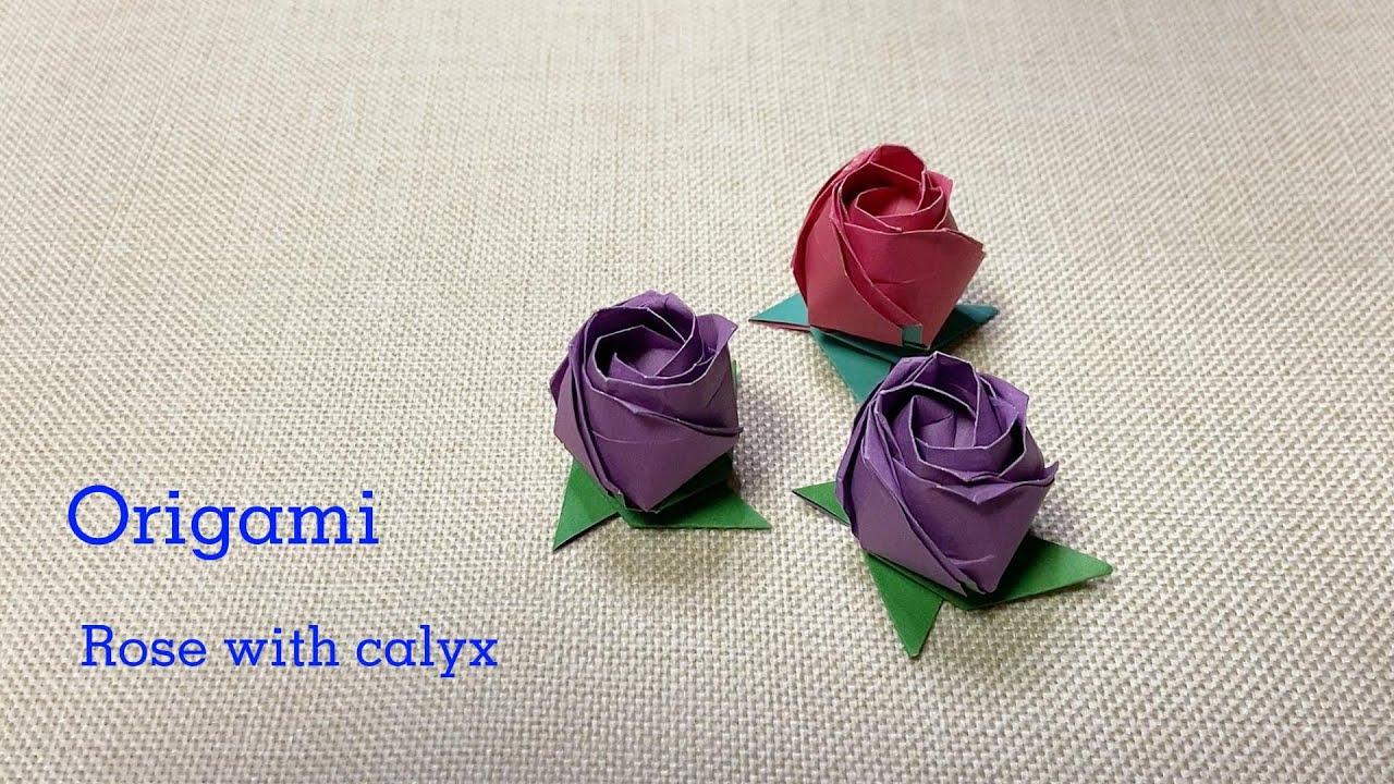 Origami Rose with calyx/How to fold a rose and calyx with one piece ...