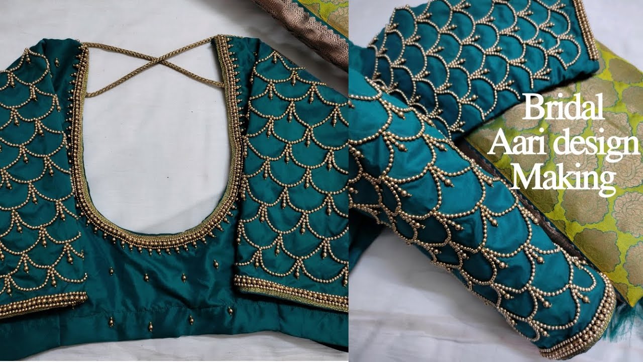 Bridal blouse design Making / Aari work blouse / Grand sleeve design/Beads work @queensworld5495 ...