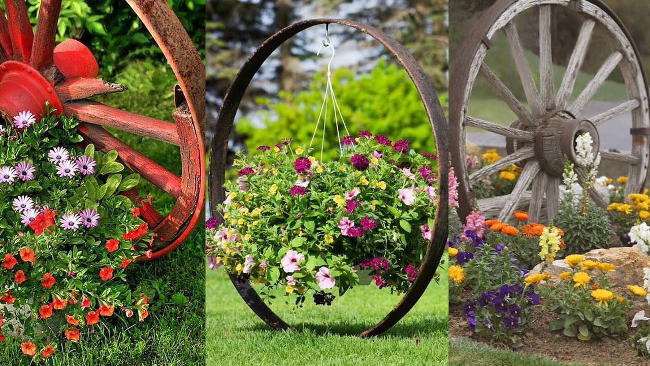 35 Unique ideas decorating the garden with wooden wheels - YouTube