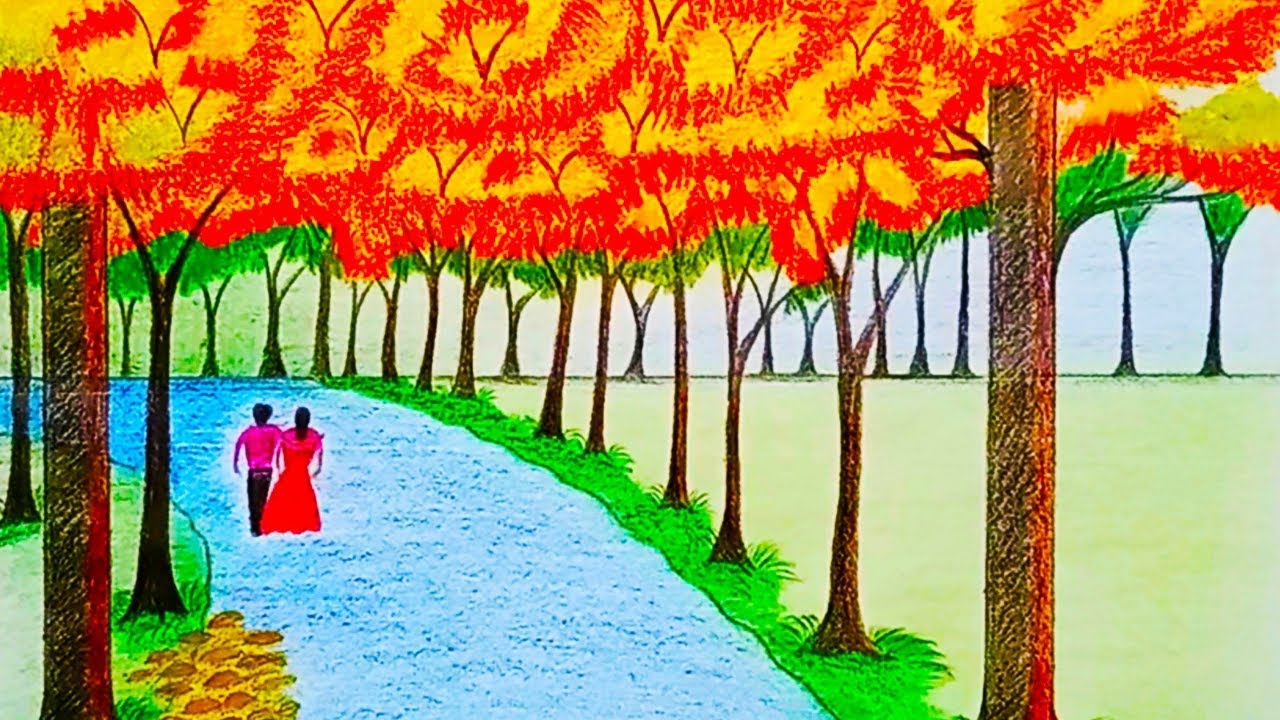 How To Draw Autumn Season Scene In Short Time With Simple Tricks - YouTube