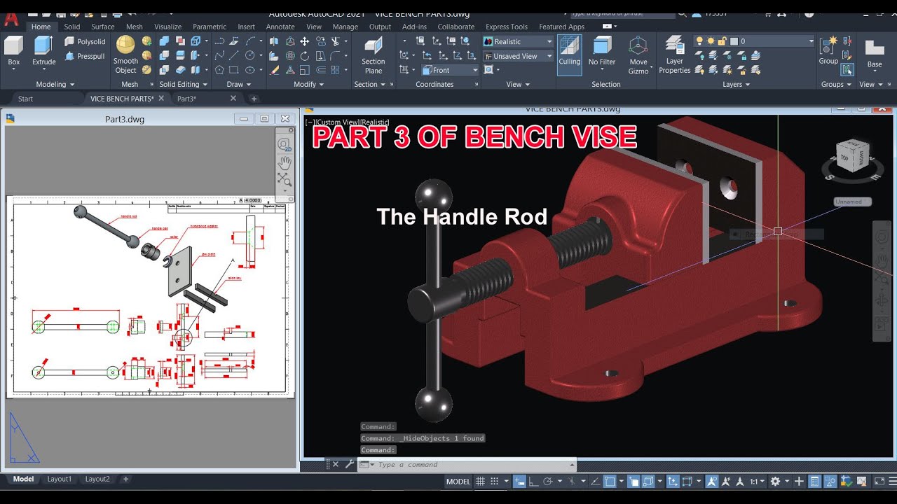 Bench Vice Pt. 3 (Handle Rod) in AutoCAD - YouTube