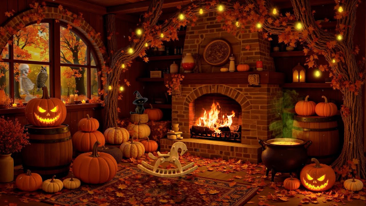 🍂Cozy Halloween Balcony with Relaxing Halloween Jazz Music, Fireplace ...