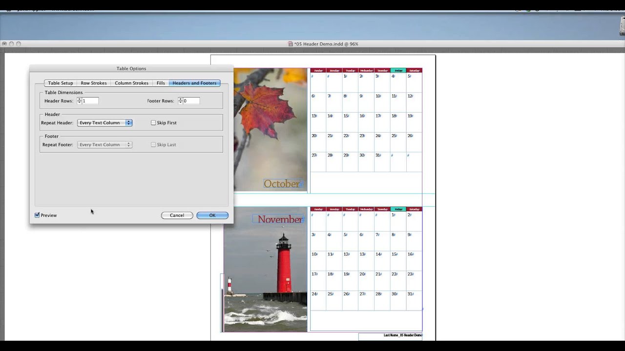 InDesign CS6 Chapter 5 Tables Video 7 - Table Headers and Footers - YouTube