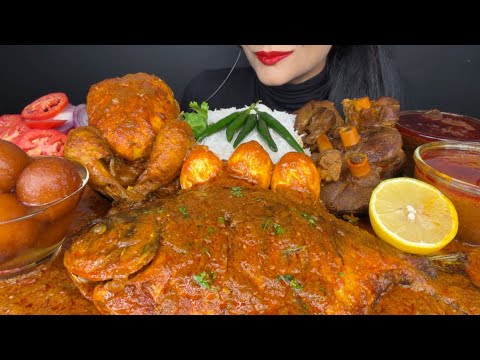 ASMR EATING DESI MUTTON CURRY,WHOLE CHICKEN CURRY,WHOLE FISH CURRY,EGG CURRY WITH RICE AND SALAD
