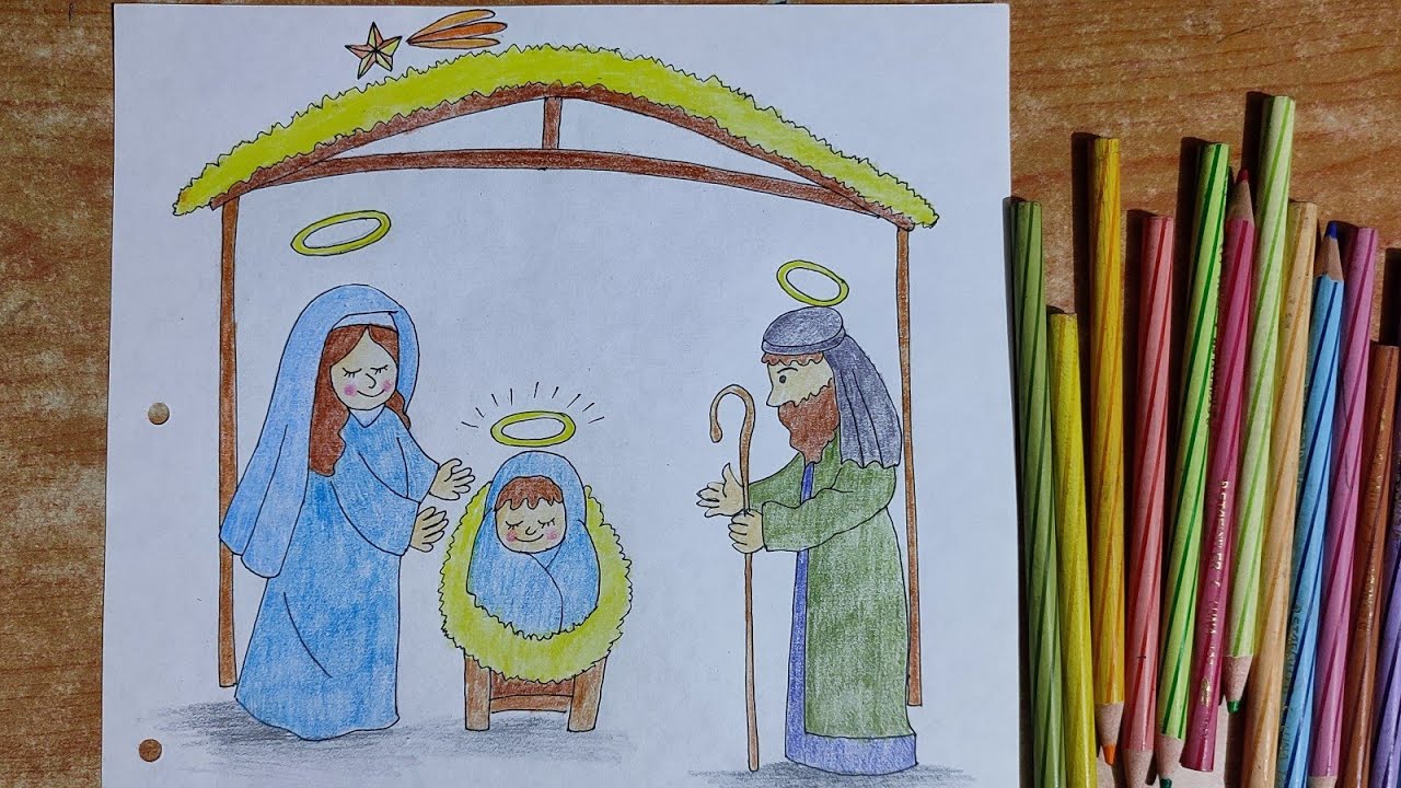 Christmas Crib Easy Drawing / Father Joseph & mother Mary baby Jesus ...