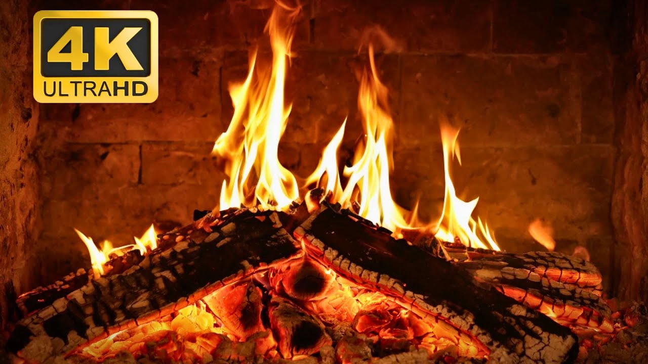 🔥 FIREPLACE Ultra HD 4K. Burning Fireplace with Golden Flames and ...