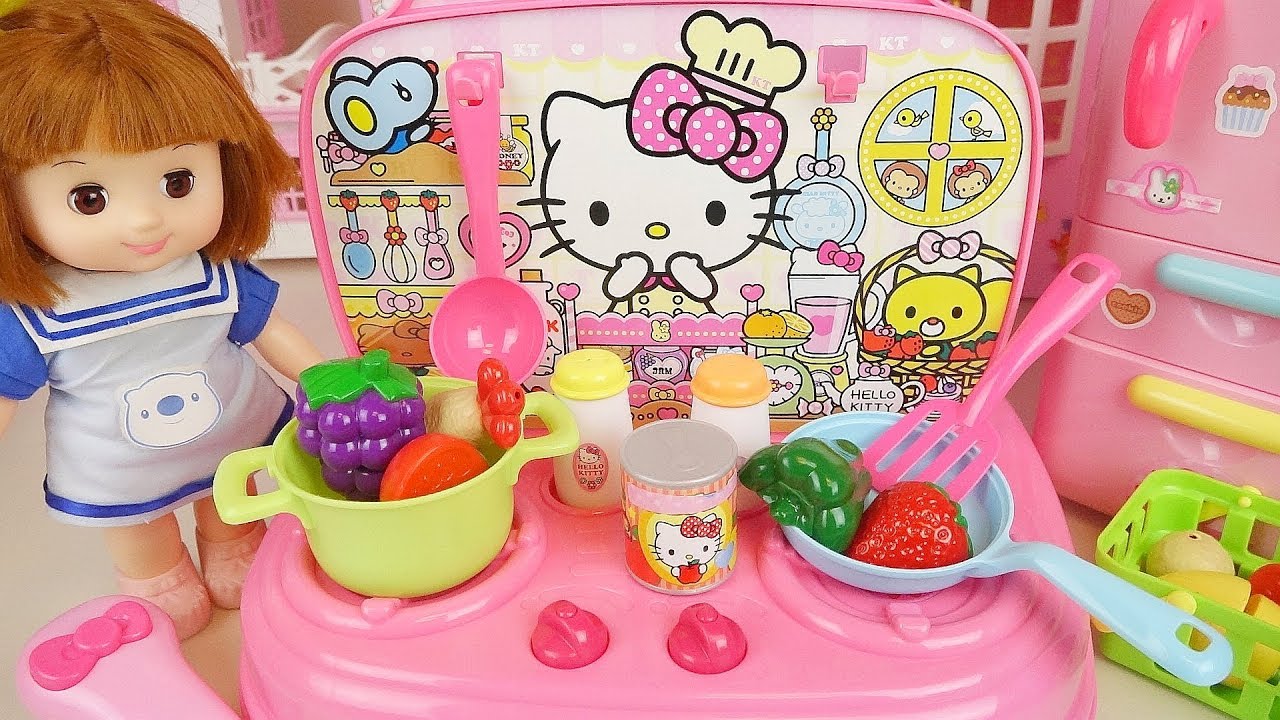 Baby doll and Hello Kitty kitchen food cooking play baby Doli house ...