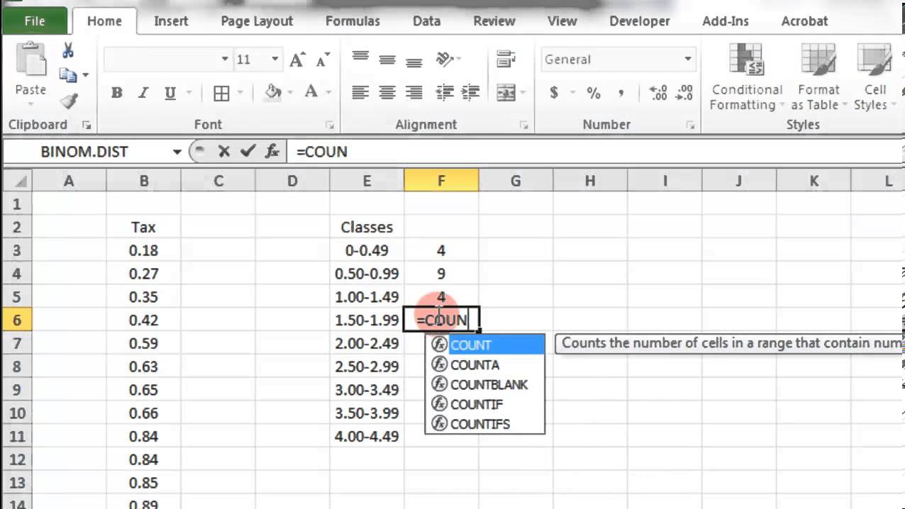 Creating a Histogram in Excel 2010 without Data Analysis Pack - YouTube