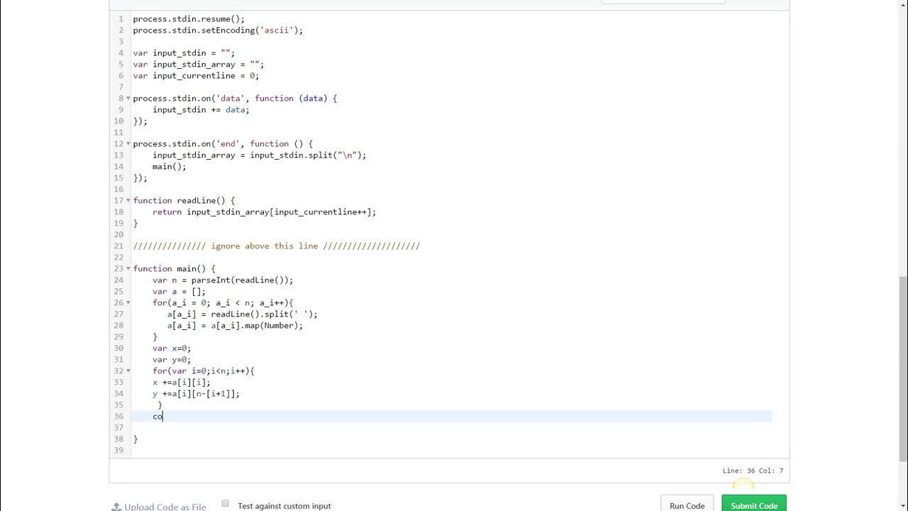 Hackerrank - Diagonal Difference (JAVASCRIPT) - YouTube