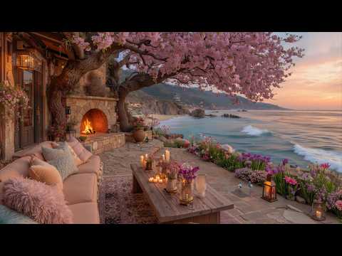 Cozy Spring Morning on an Ocean Porch 🌸 Soft Piano, Warm Fireplace & Nature Sounds for Study & Work